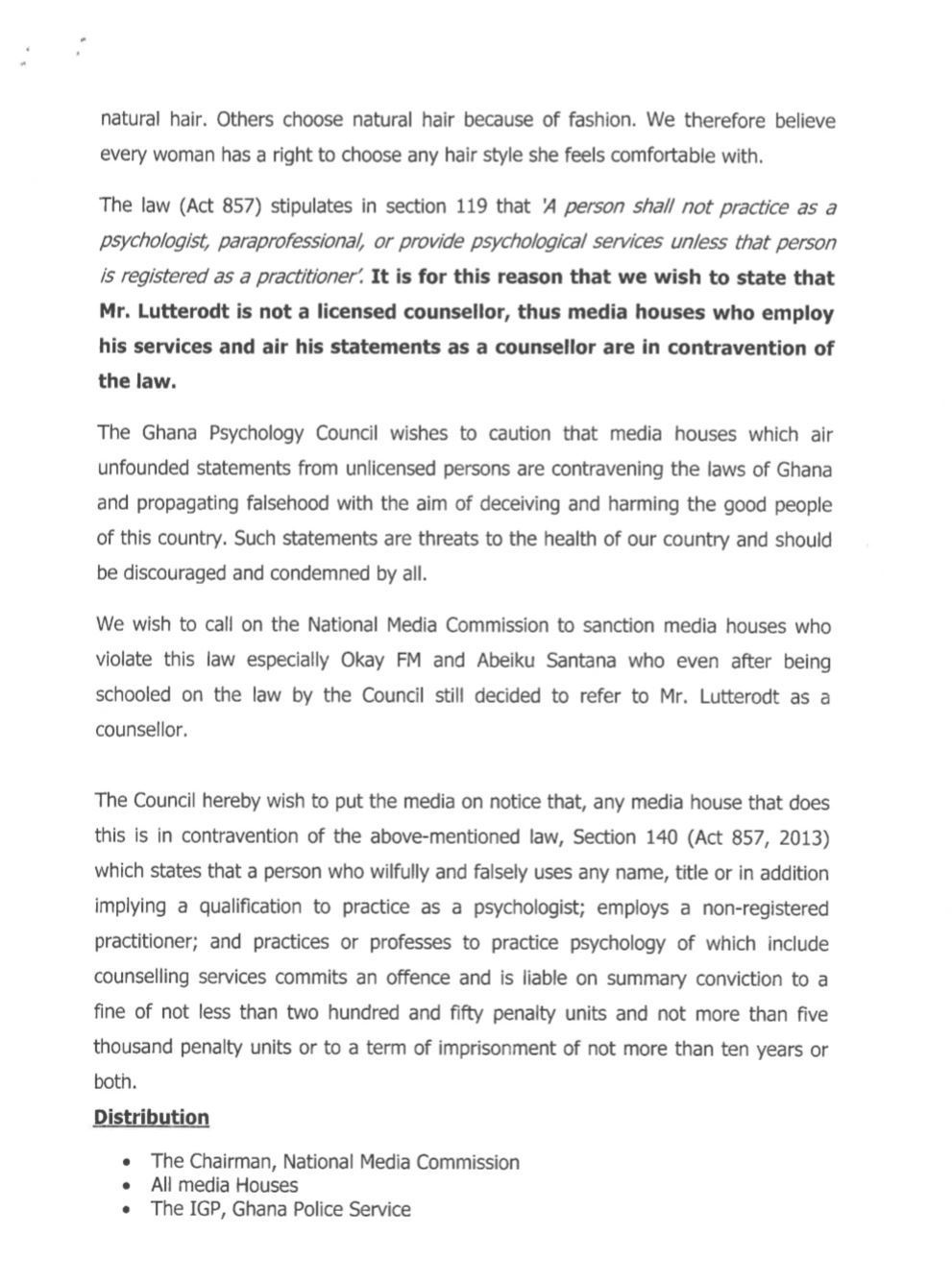 George Lutterodt is not a licensed counsellor -Ghana Psychology Council