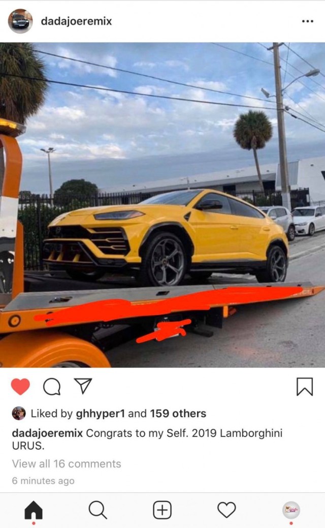 Dada Joe Remix spoils himself with a 2019 Lamborghini URUS worth $200,000