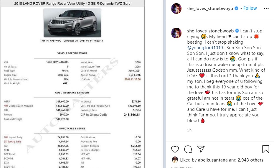 Ayisha Modi's 19-year-old godson buys her a Range Rover Velar - GhPage