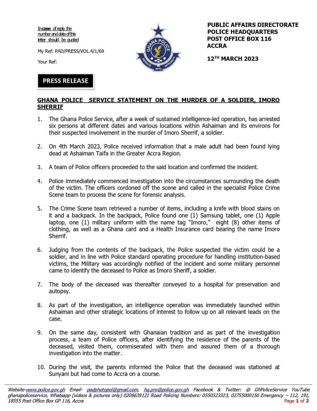 Six Suspects Arrested In Connection To The Murder Of Ashaiman Soldier
