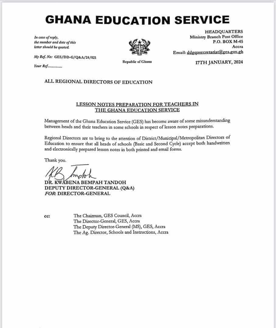 GES orders Teachers to either prepare lesson notes electronically or ...